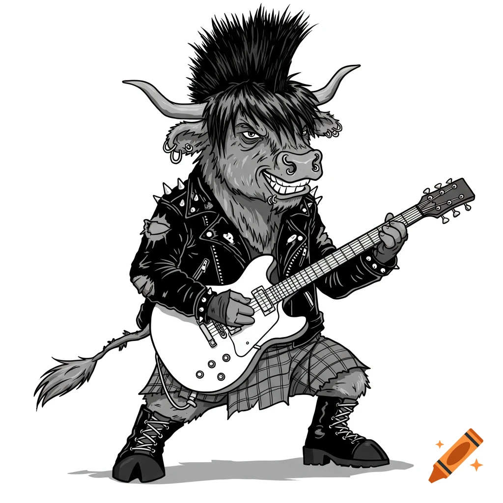 Black and white cartoon of a punk rock Highland cow playing guitar. on ...