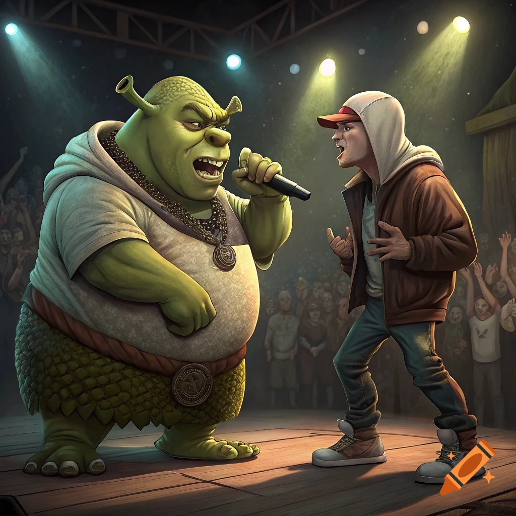 Shrek and a human rapper in a rap battle on a stage on Craiyon