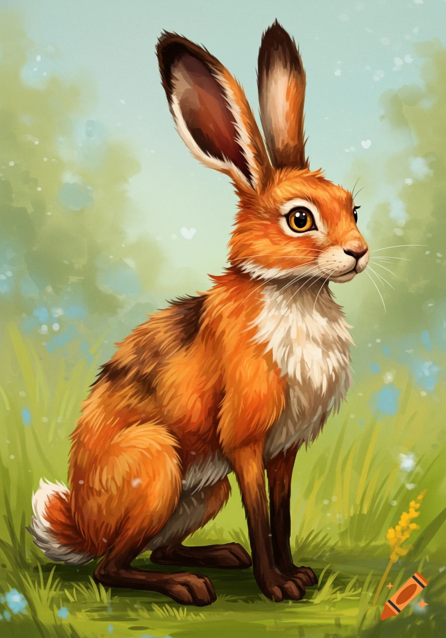 A hare-like creature with orange and white fur sits in a grassy field ...