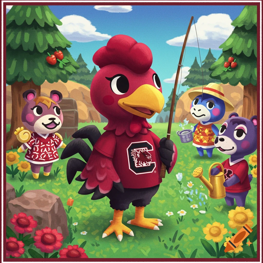 Cartoon rooster mascot in a USC shirt fishing with other animal ...