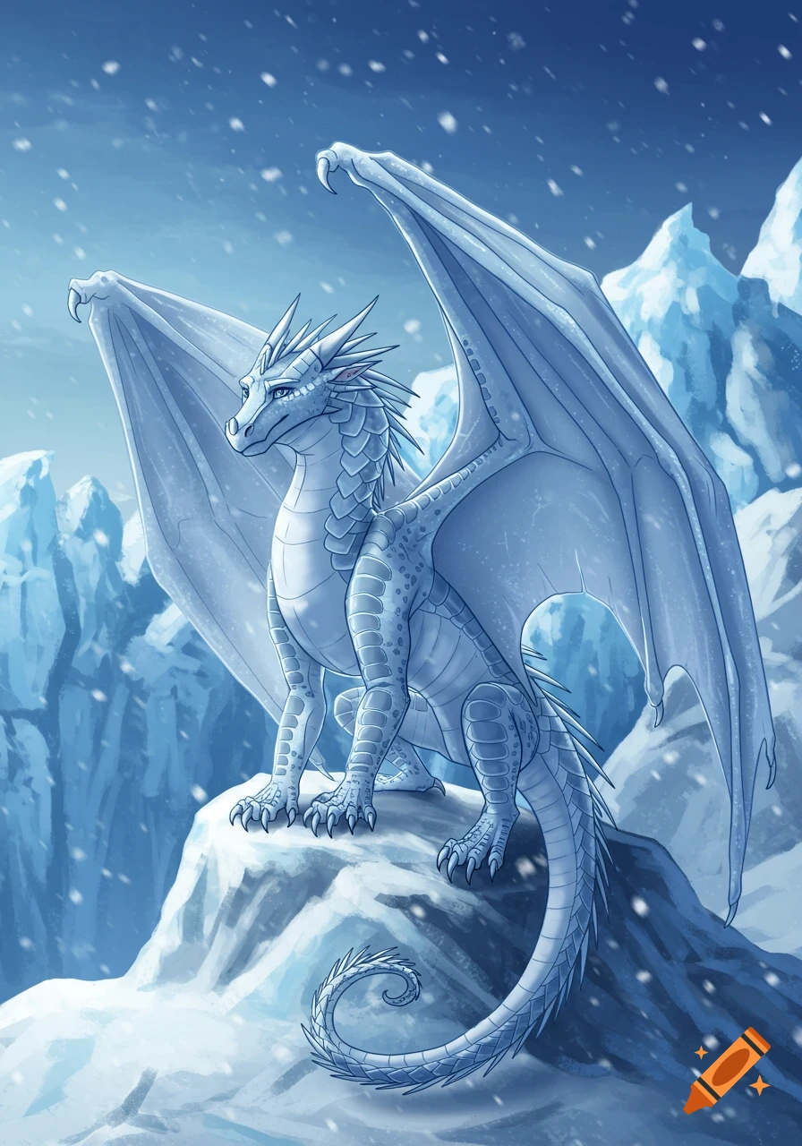 A white and light blue dragon sits on a snowy rock in a winter mountain ...