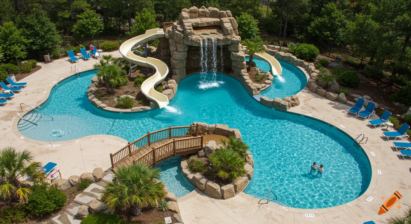 Aerial view of a large natural shaped swimming pool with water slides ...