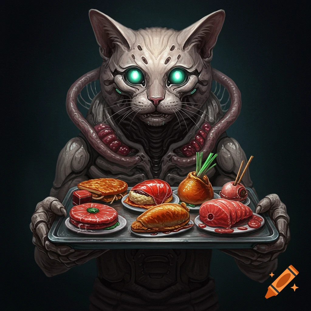 A Giger-style biomechanical cat holds a tray filled with various foods ...