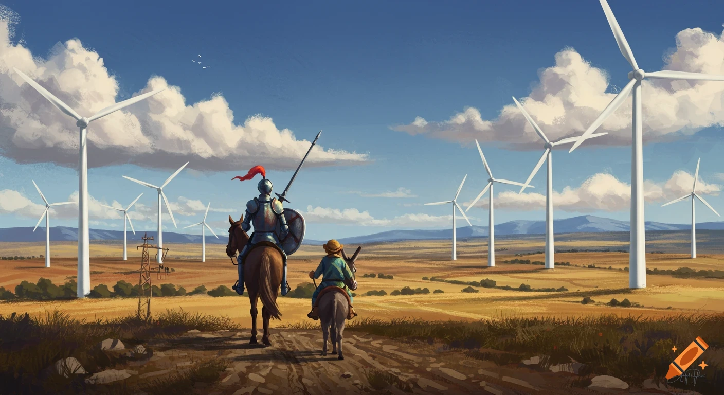 Painterly illustration of Don Quixote on horseback and Sancho Panza on ...