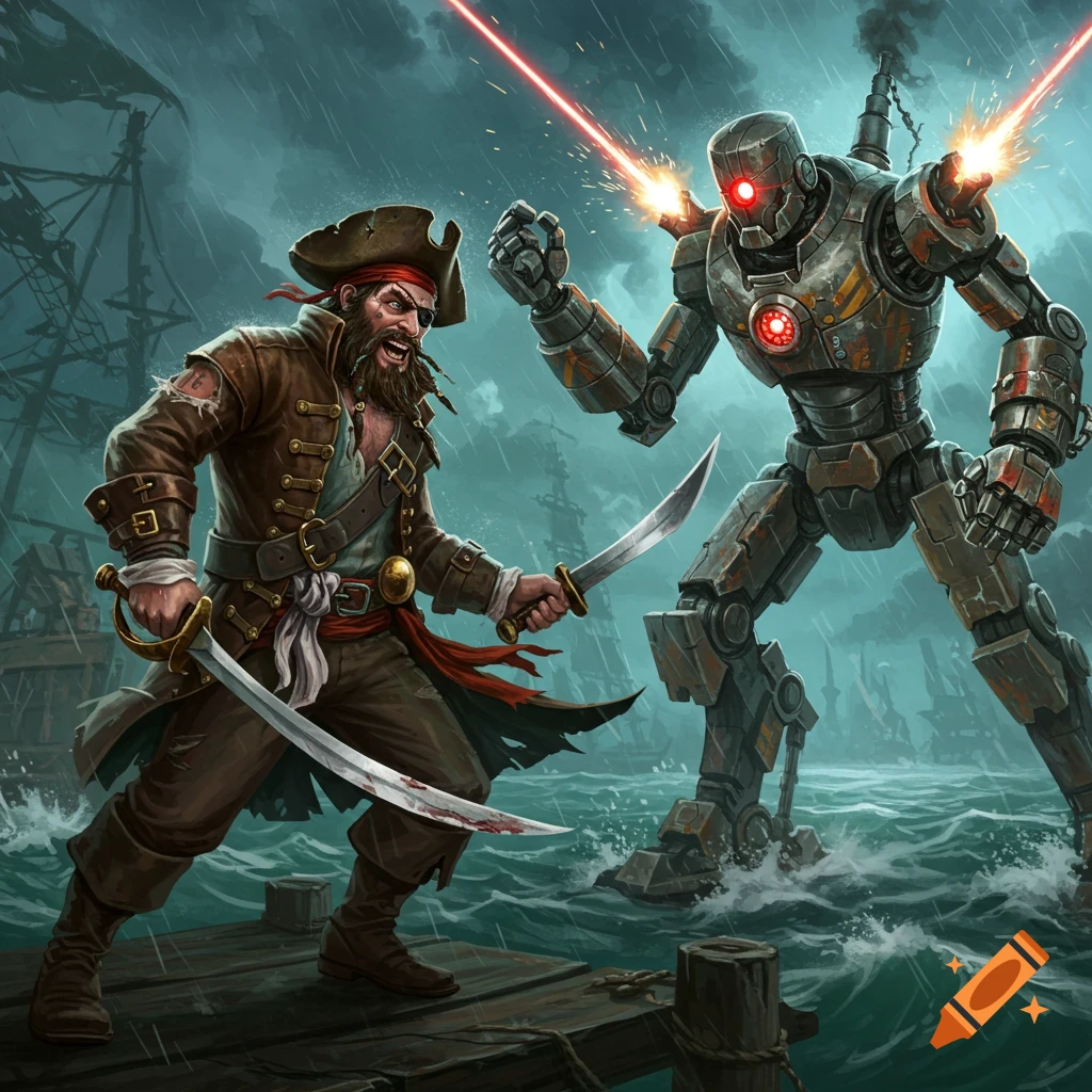 A pirate battles a large robot with swords and lasers on a stormy dock ...