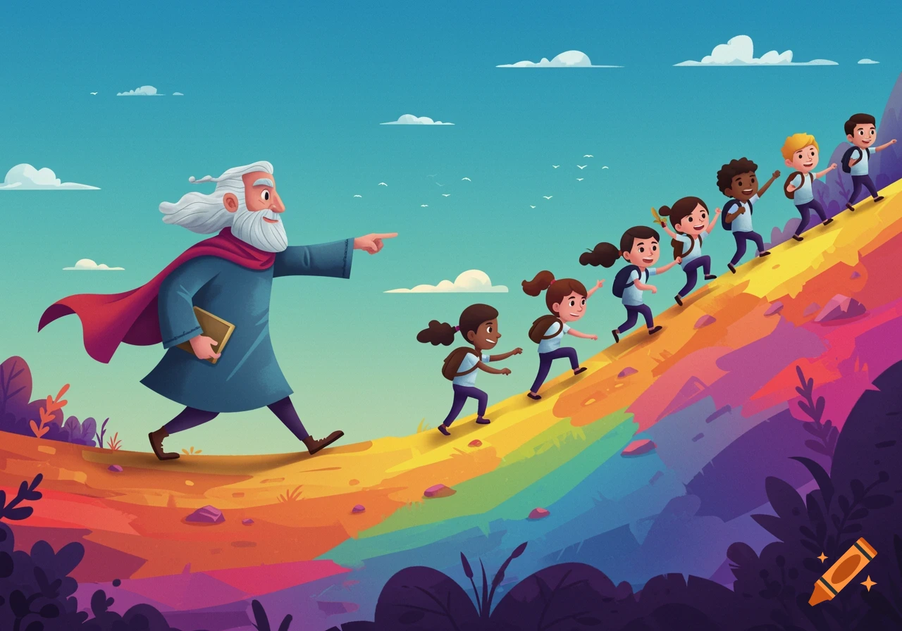 Cartoon teacher leads students up a colorful mountain path. on Craiyon