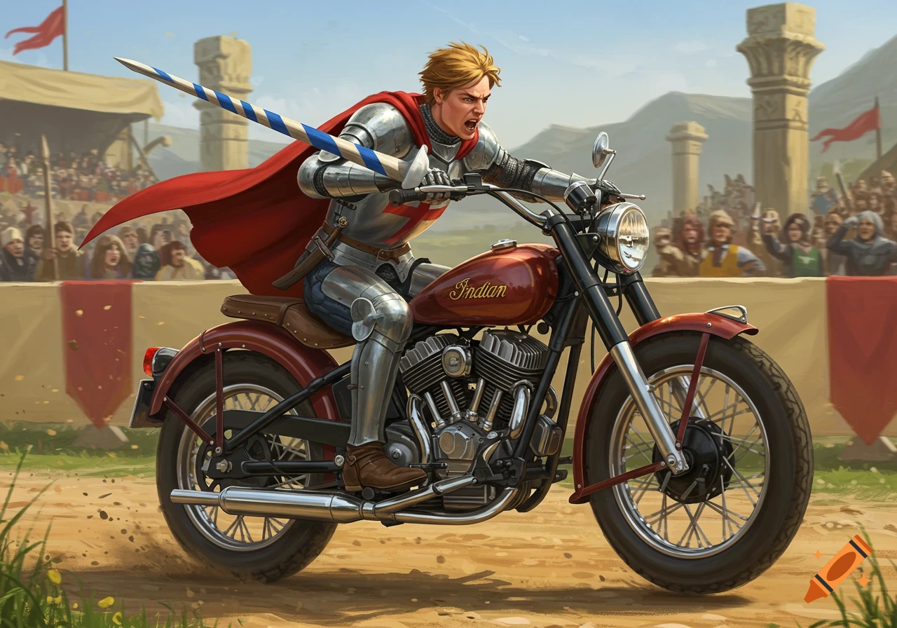 Knight jousting on a red Indian motorcycle in an arena on Craiyon