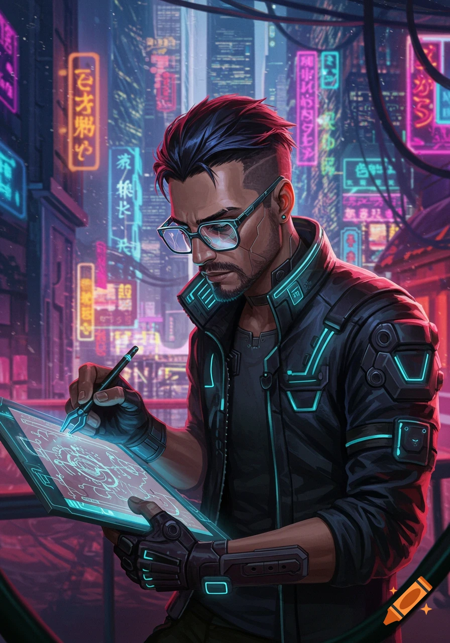 Man works on a glowing tablet in a neon cyberpunk city on Craiyon
