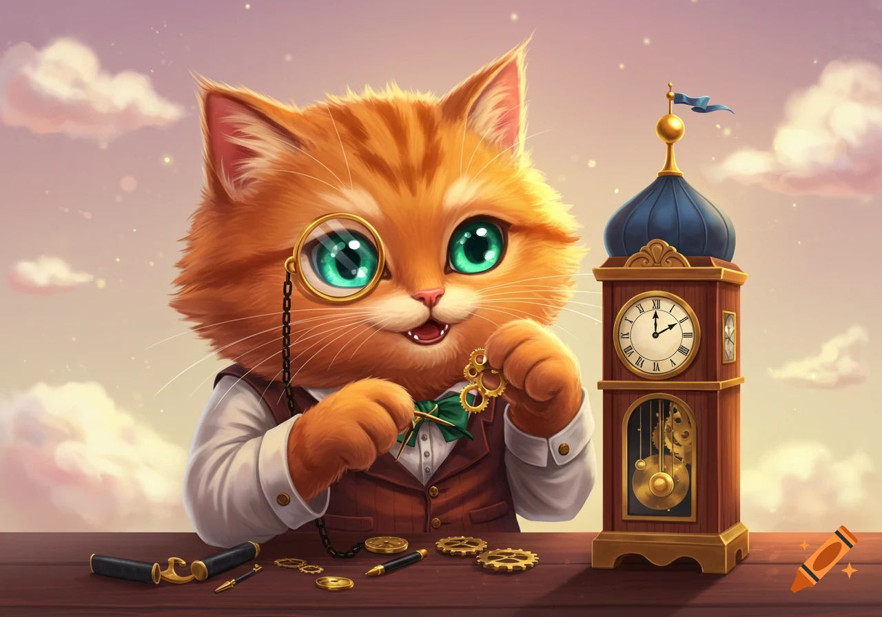 Cute ginger cat in a monocle and vest working on gears beside a ...