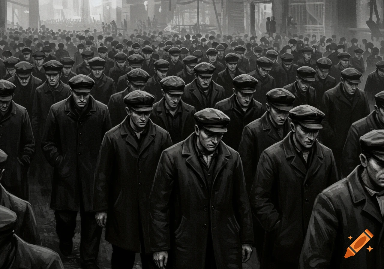 A large crowd of men in workers caps and coats walk with heads down in ...
