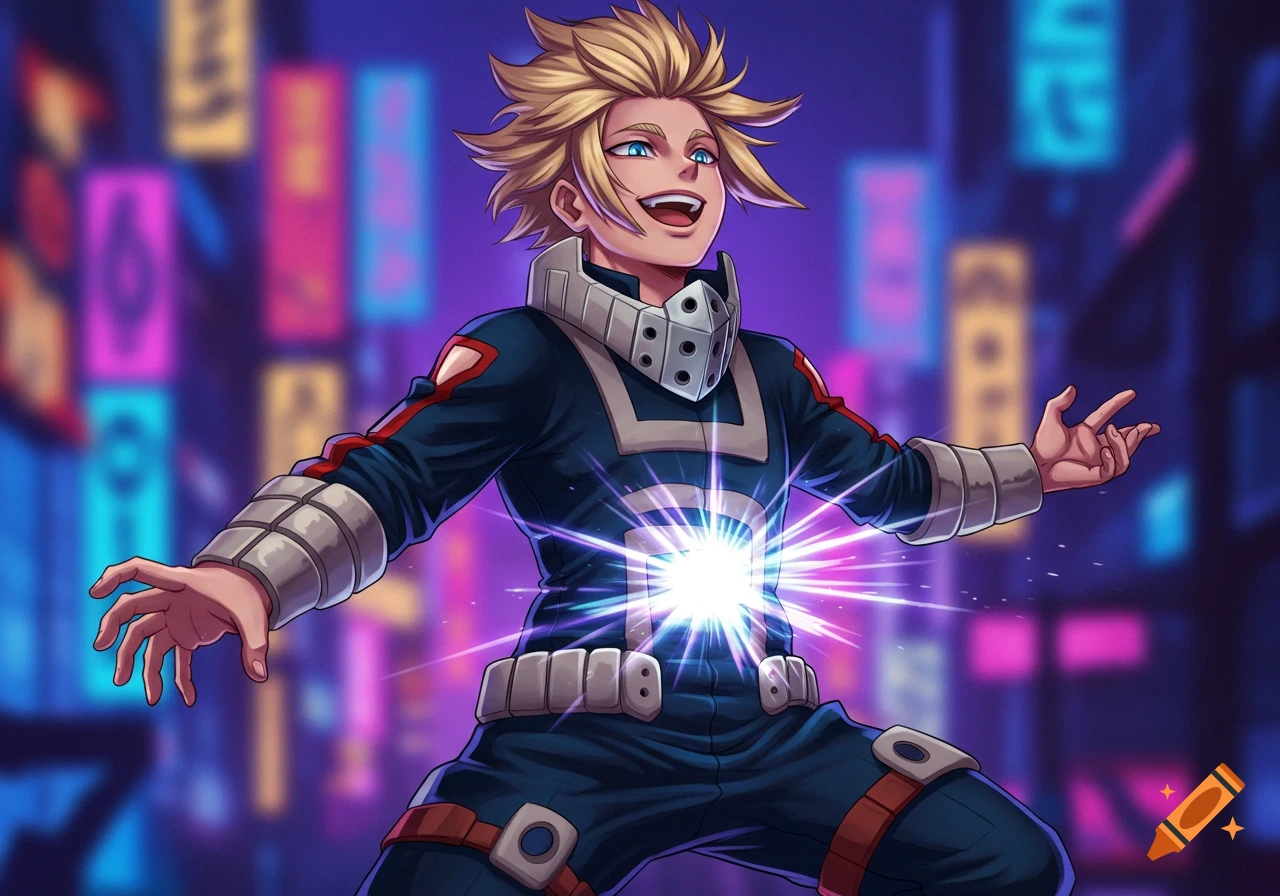 Anime character Yuga Aoyama using his navel laser quirk with a bright ...