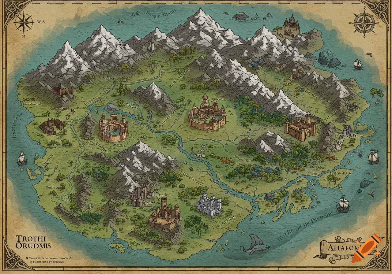 An detailed ancient-style fantasy map showing mountains, rivers ...
