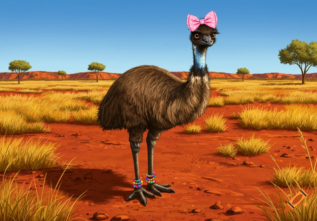 Cartoon illustration of an emu wearing a pink bow and colorful ...