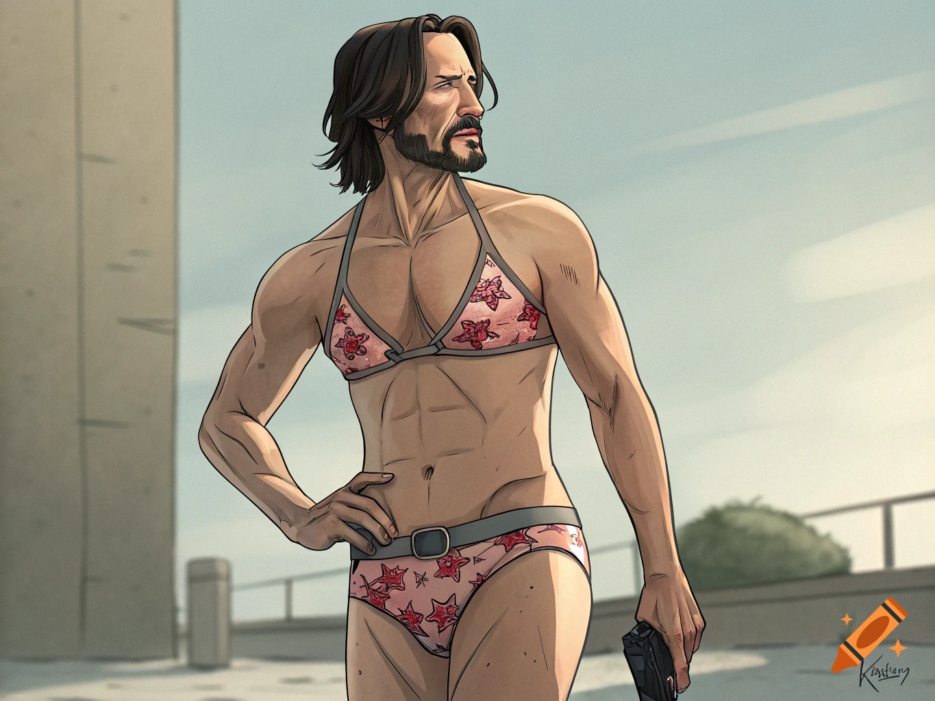 Comic illustration of a man resembling John Wick wearing a pink floral bikini and holding a gun ...