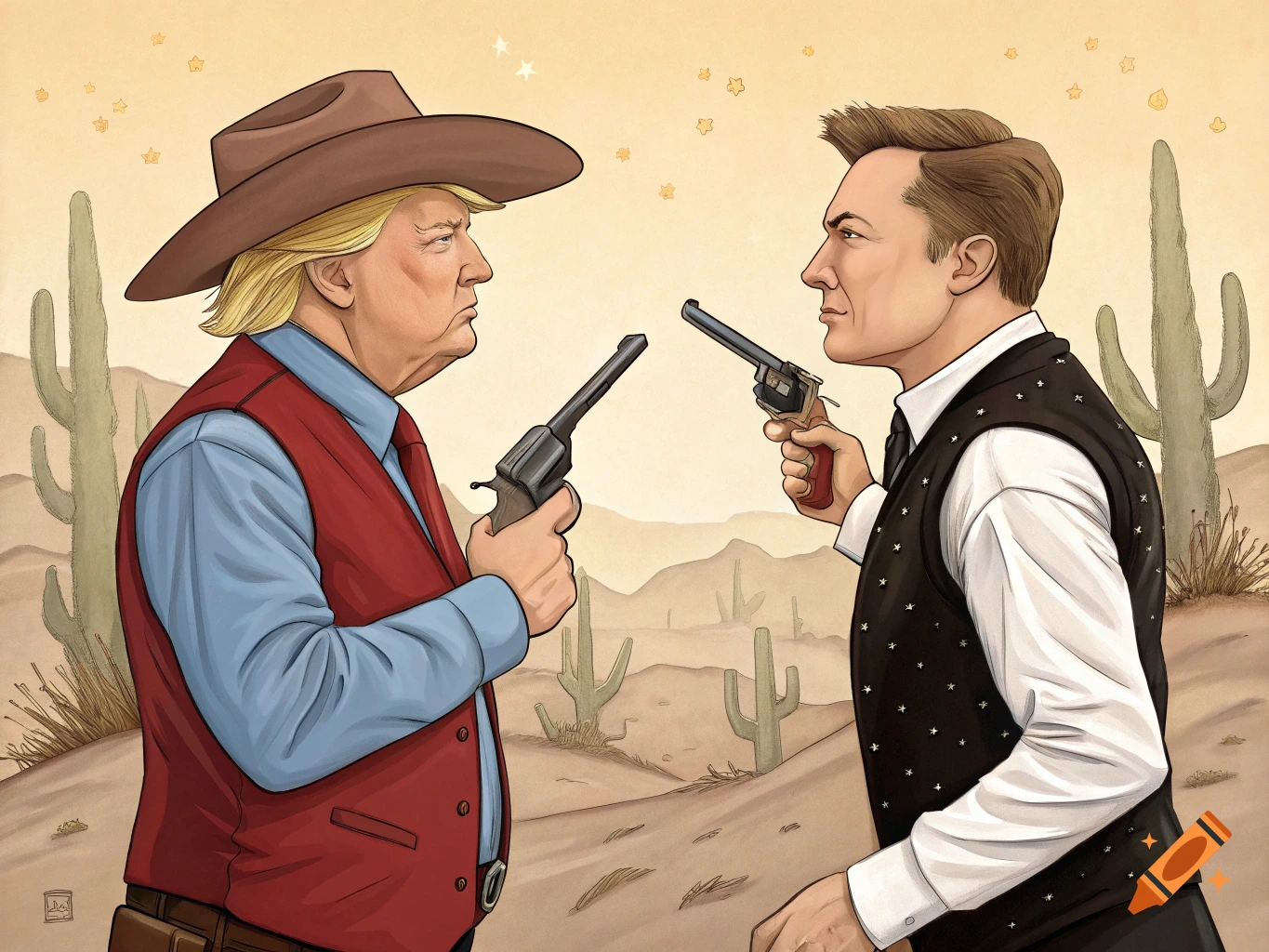 Cartoon illustration of Donald Trump and Elon Musk having a western ...