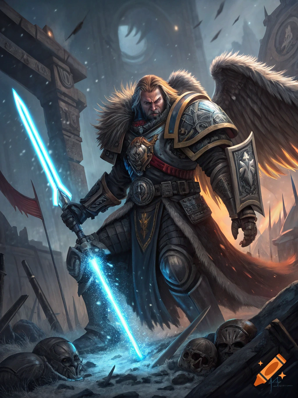 Winged warrior in armor with glowing sword stands over defeated foes in ...