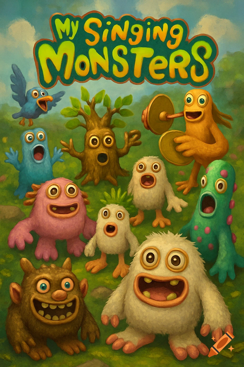 Cartoon monsters from the My Singing Monsters game gathered together under the game's logo on ...
