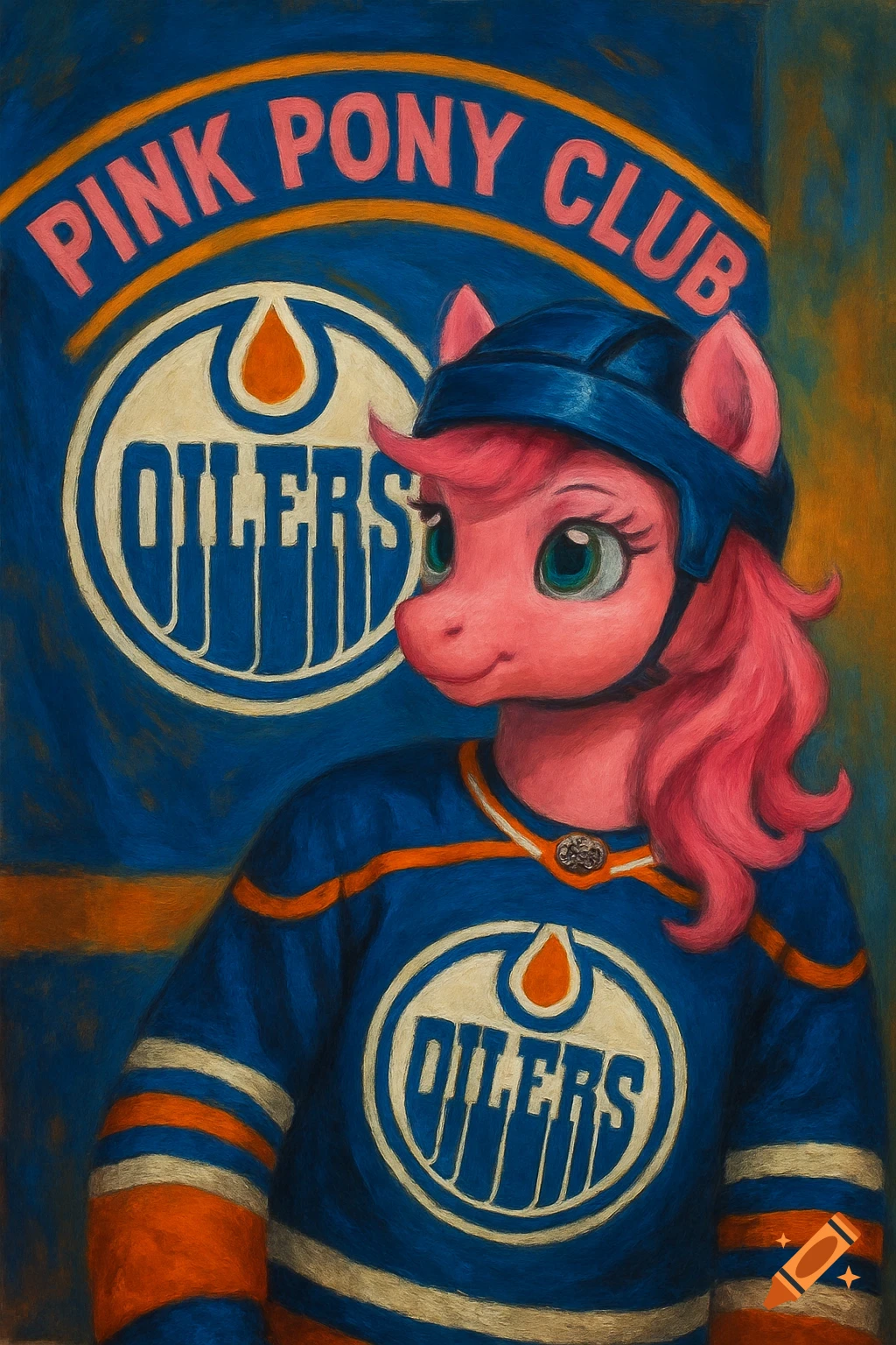 Painting of a pink cartoon pony in an Edmonton Oilers hockey uniform ...