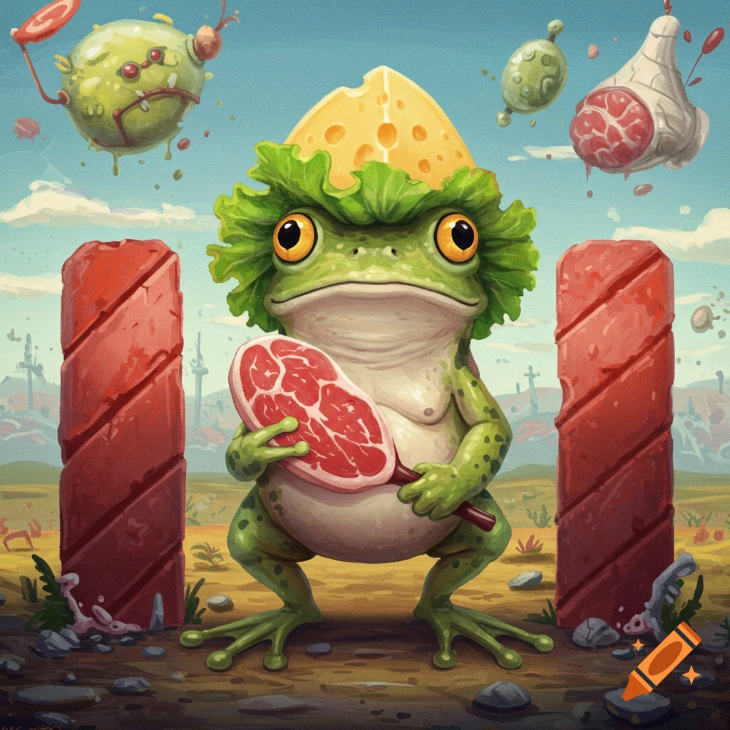 A cartoon frog wearing lettuce and cheese on its head, holding a piece ...