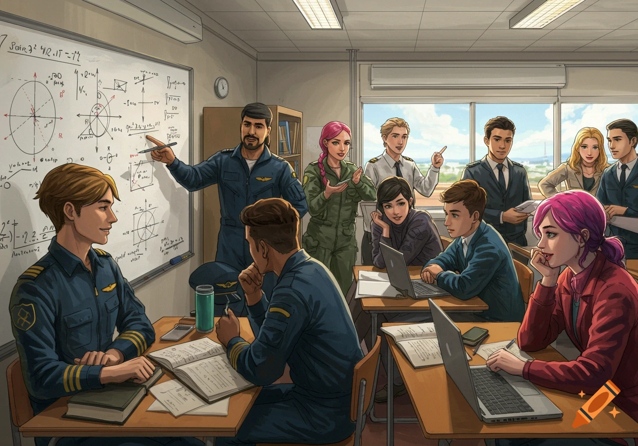 Anime illustration of pilots and students in a classroom discussing ...