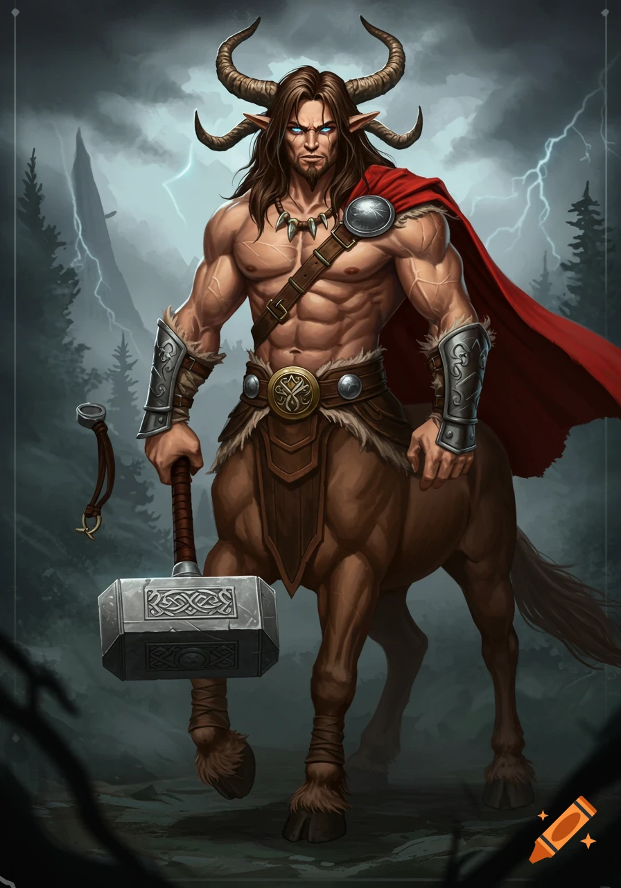 Muscular centaur barbarian with ram horns, red cape, and a hammer ...