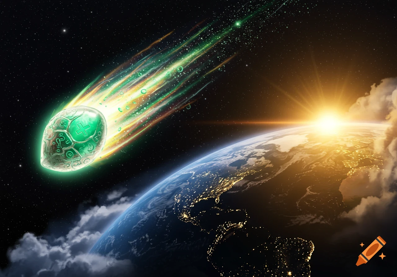 A glowing green object streaks towards Earth through space as the sun ...