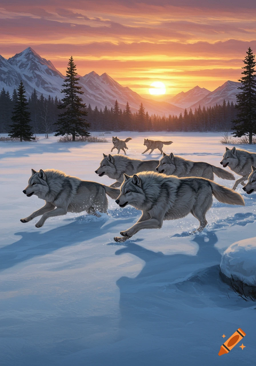 Pack of wolves running through snow at sunset, painterly style on Craiyon