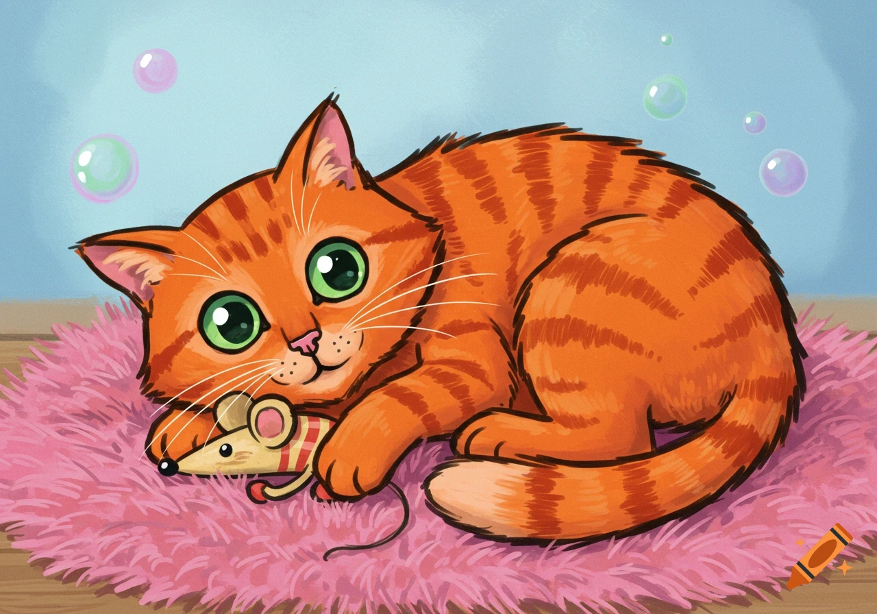 Cartoon illustration of an orange tabby cat with large green eyes lying ...
