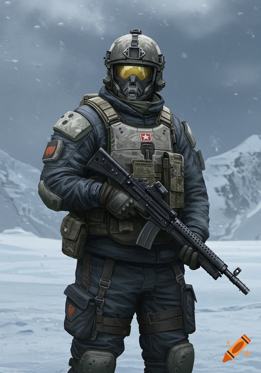 A soldier in futuristic arctic gear stands in a snowy mountain ...