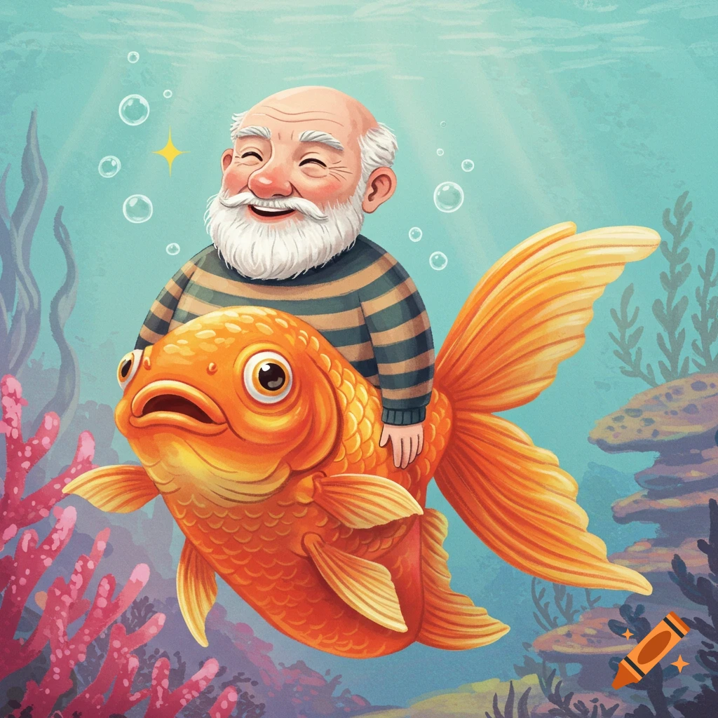 A cartoon illustration of a smiling old man riding on a large goldfish ...
