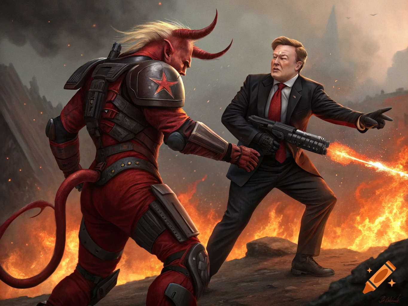 Elon Musk figure fighting a devil-like figure resembling Donald Trump ...
