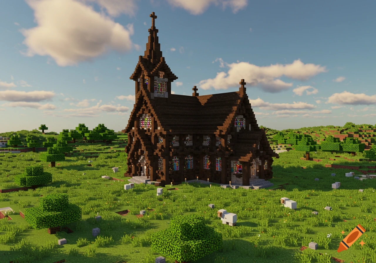 A large wooden Minecraft church with stained glass windows stands in a ...