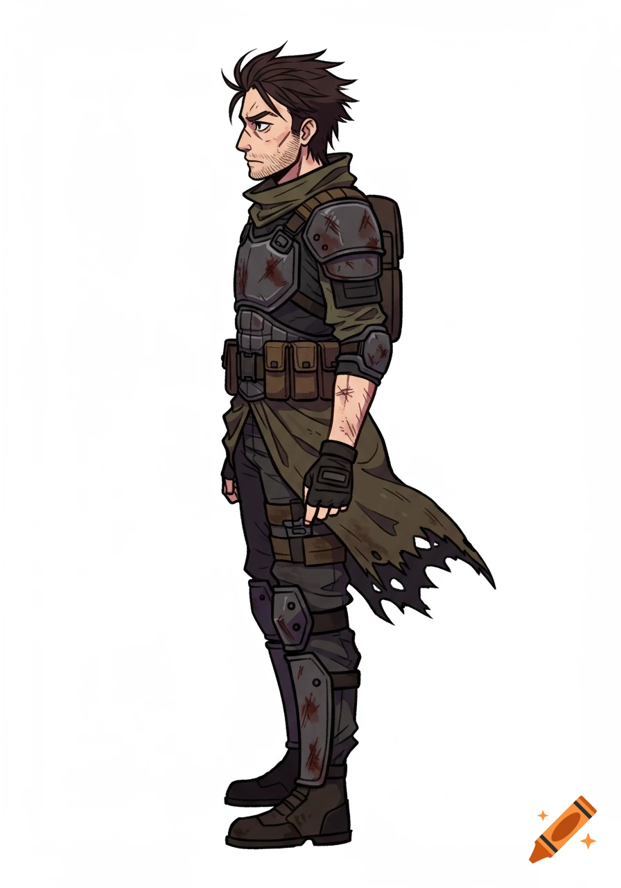 2D anime character sprite in tactical gear and worn armor, side view on ...