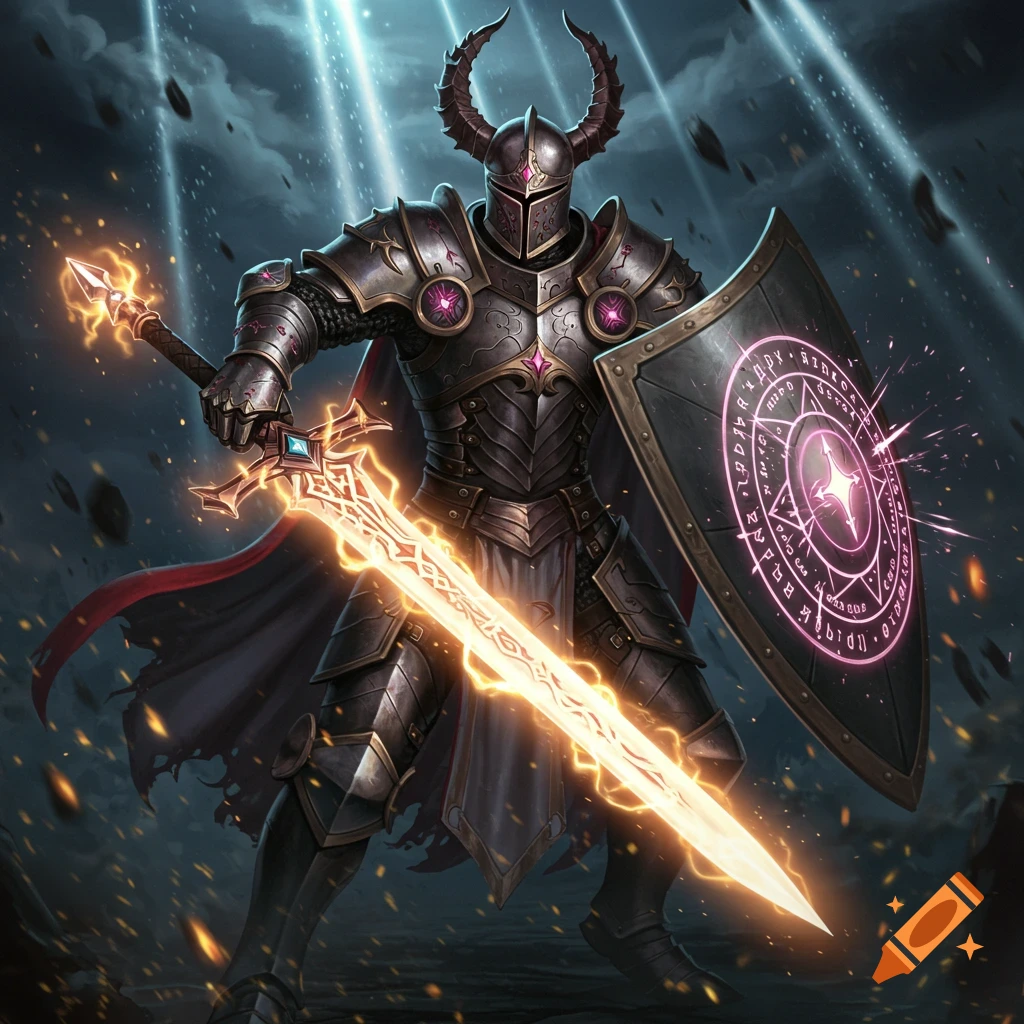 A magical knight in dark armor holds a glowing sword and shield with ...