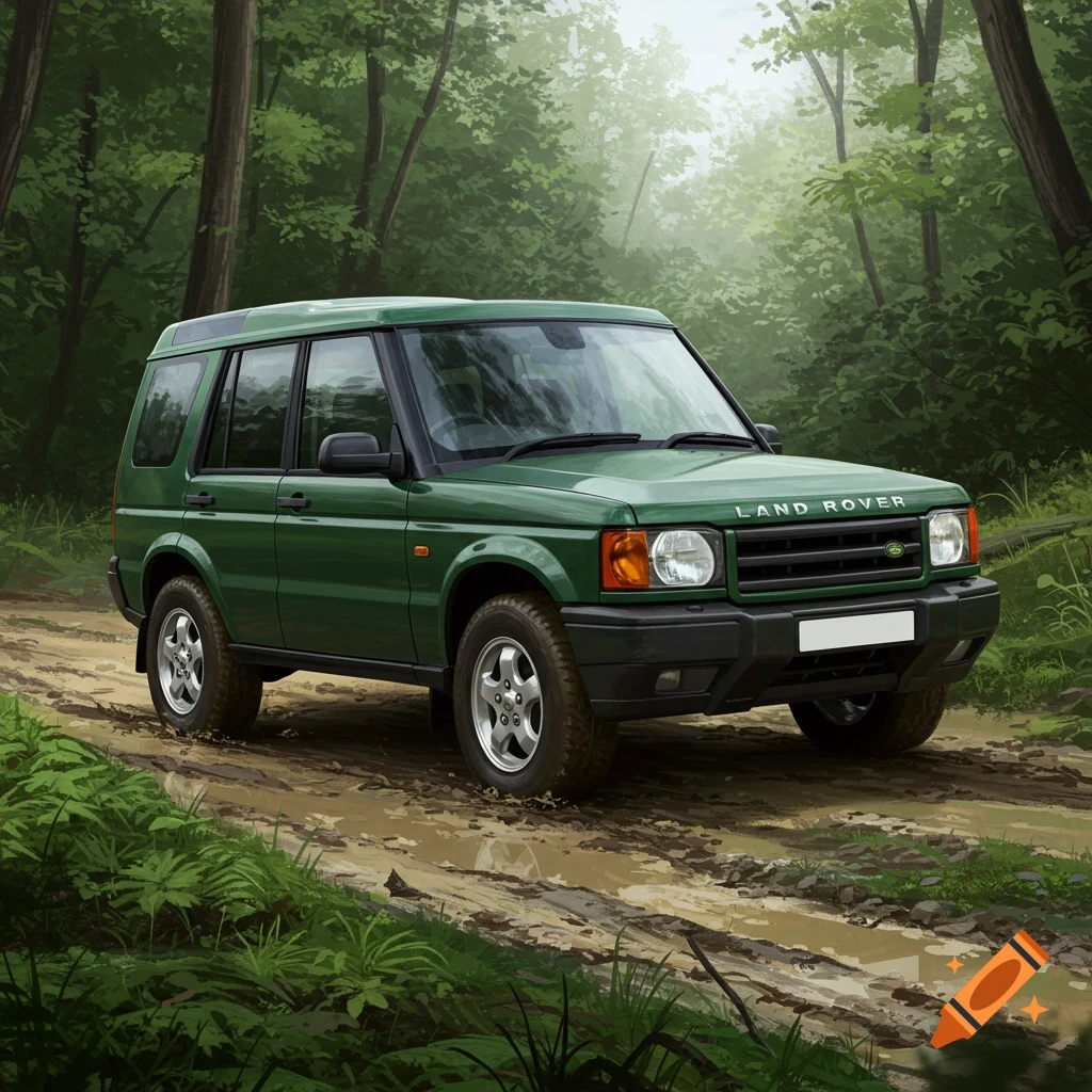 Green Land Rover SUV on a muddy forest road, digital painting. on Craiyon