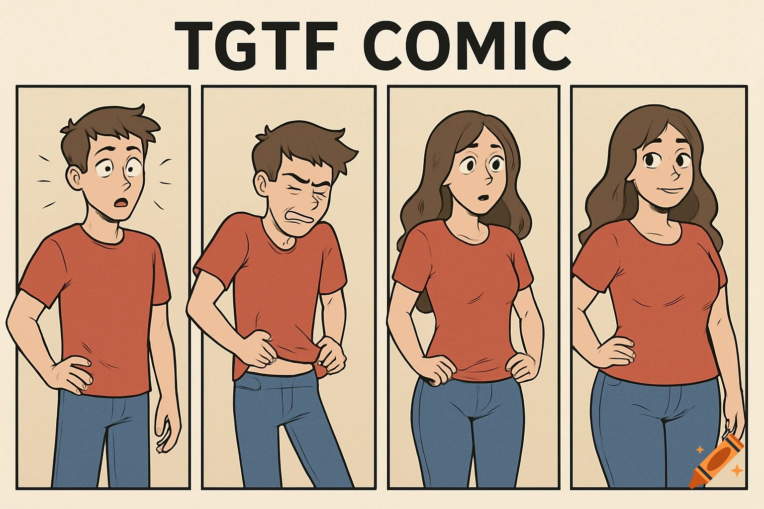 Four panel comic depicts a man transforming into a woman. on Craiyon