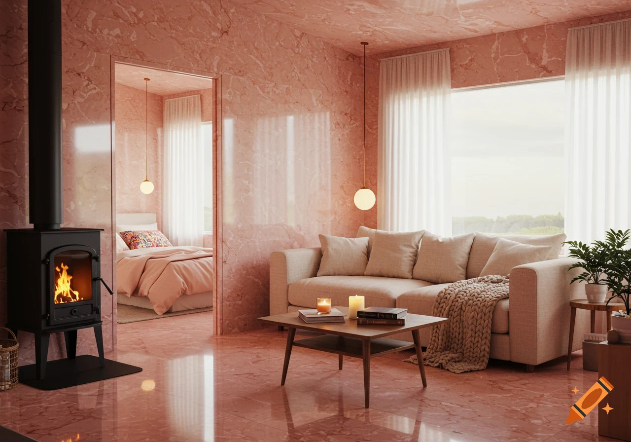 Pink marble living room with fireplace, sofa, coffee table, and bedroom ...