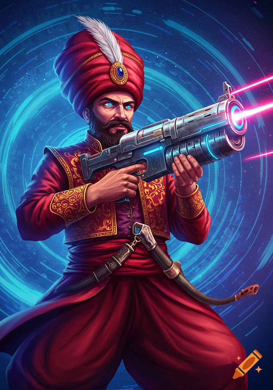Fantasy character in a turban and ornate clothing holds a futuristic ...