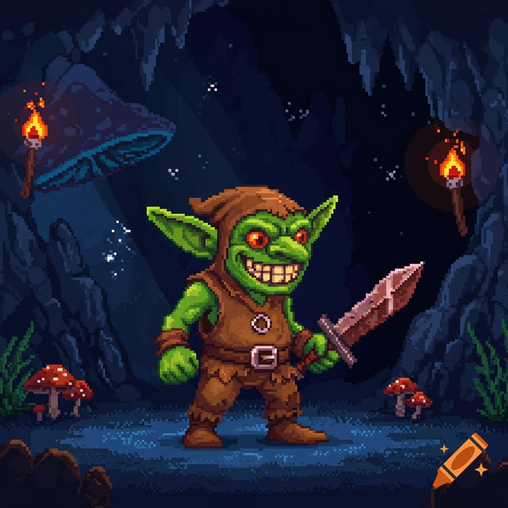 Pixel art illustration of a green goblin with a sword standing in a dark cave with mushrooms and ...