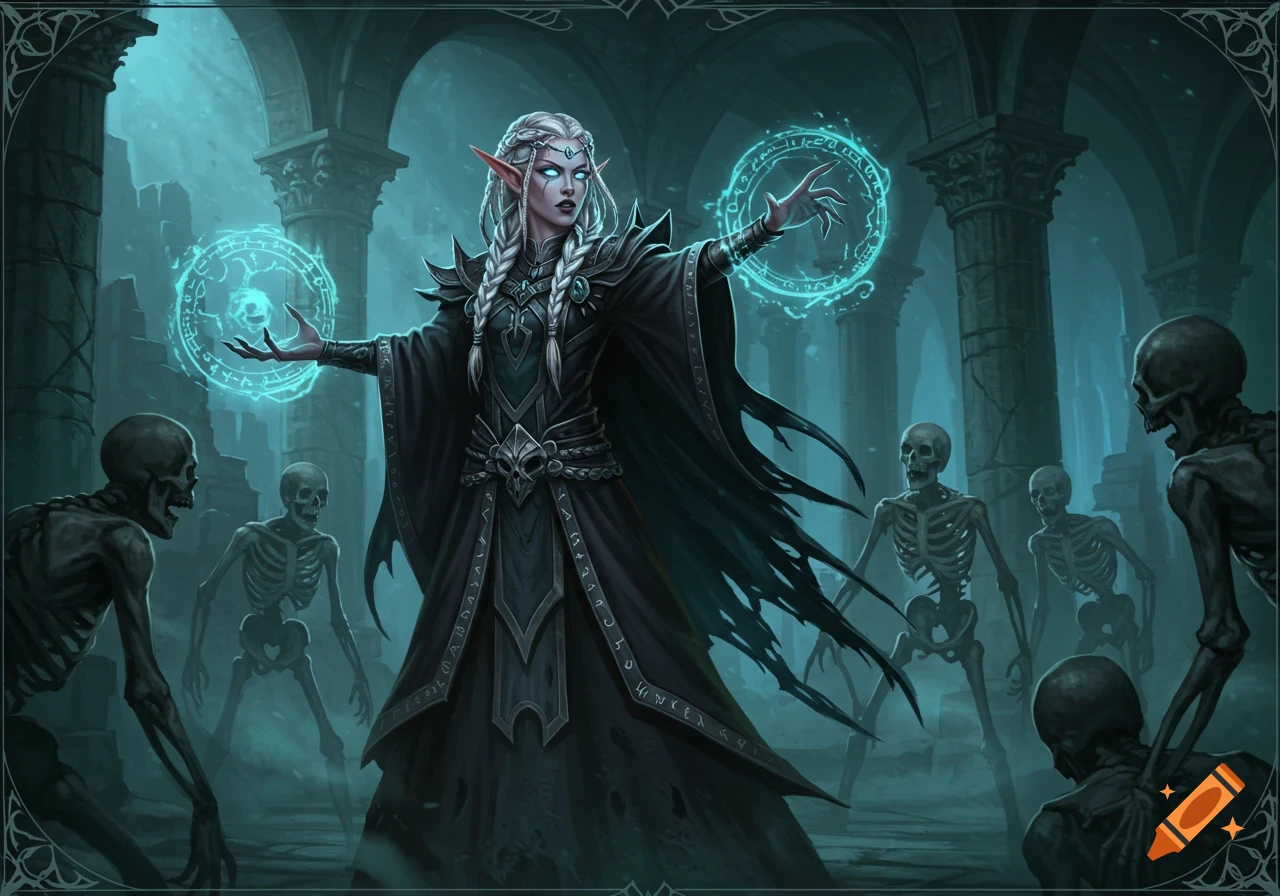 Fantasy illustration of a high elf necromancer casting magic to raise ...