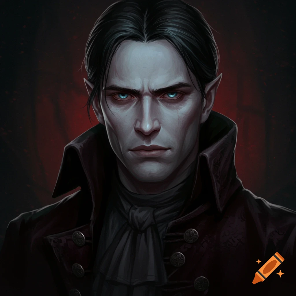 Portrait of a pale male vampire with blue eyes and dark hair wearing a ...
