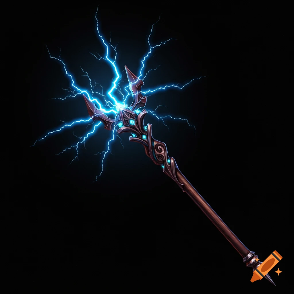 Fantasy weapon, staff or trident, with blue lightning on a black ...