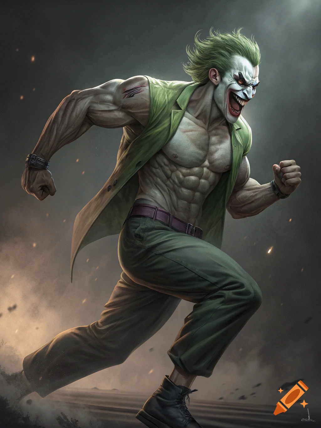 Realistic illustration of a muscular Joker with green hair and vest ...