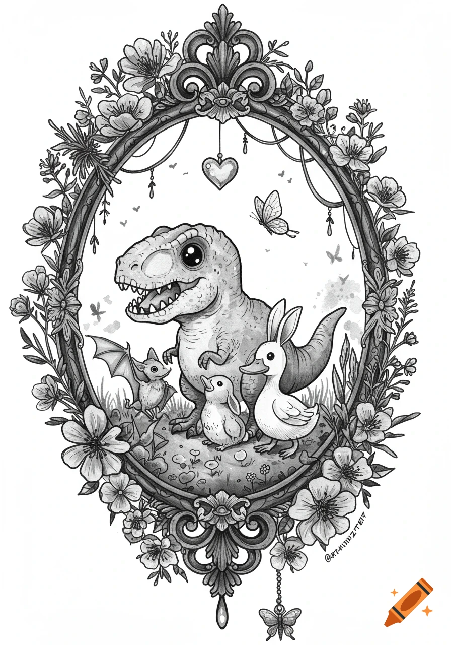 Black and grey sketch of a T-Rex, bat, bunny, and duck in a floral ...