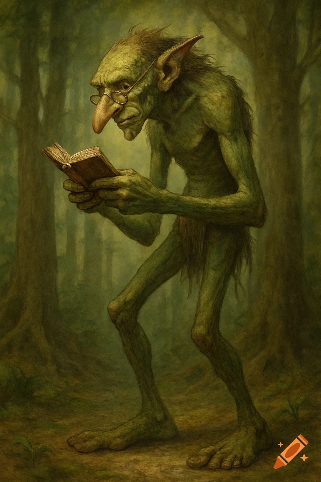 A skinny green troll with glasses reads a book in a dark forest ...
