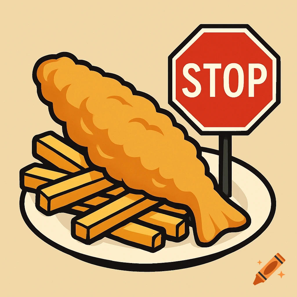 Illustration of fish and chips on a plate with a stop sign. on Craiyon