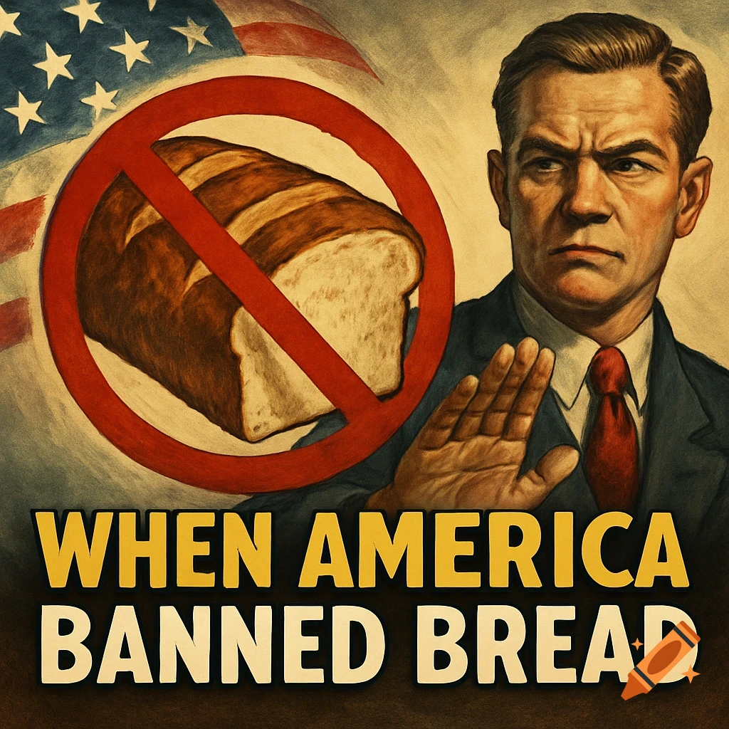 Vintage-style poster shows a man stopping a loaf of bread with a red ...