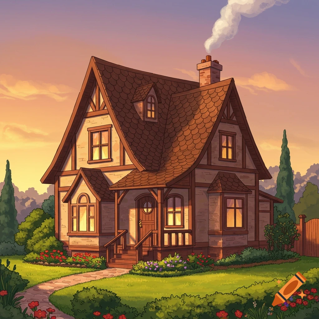 A cartoon-style gable front house with a garden path at sunset. on Craiyon