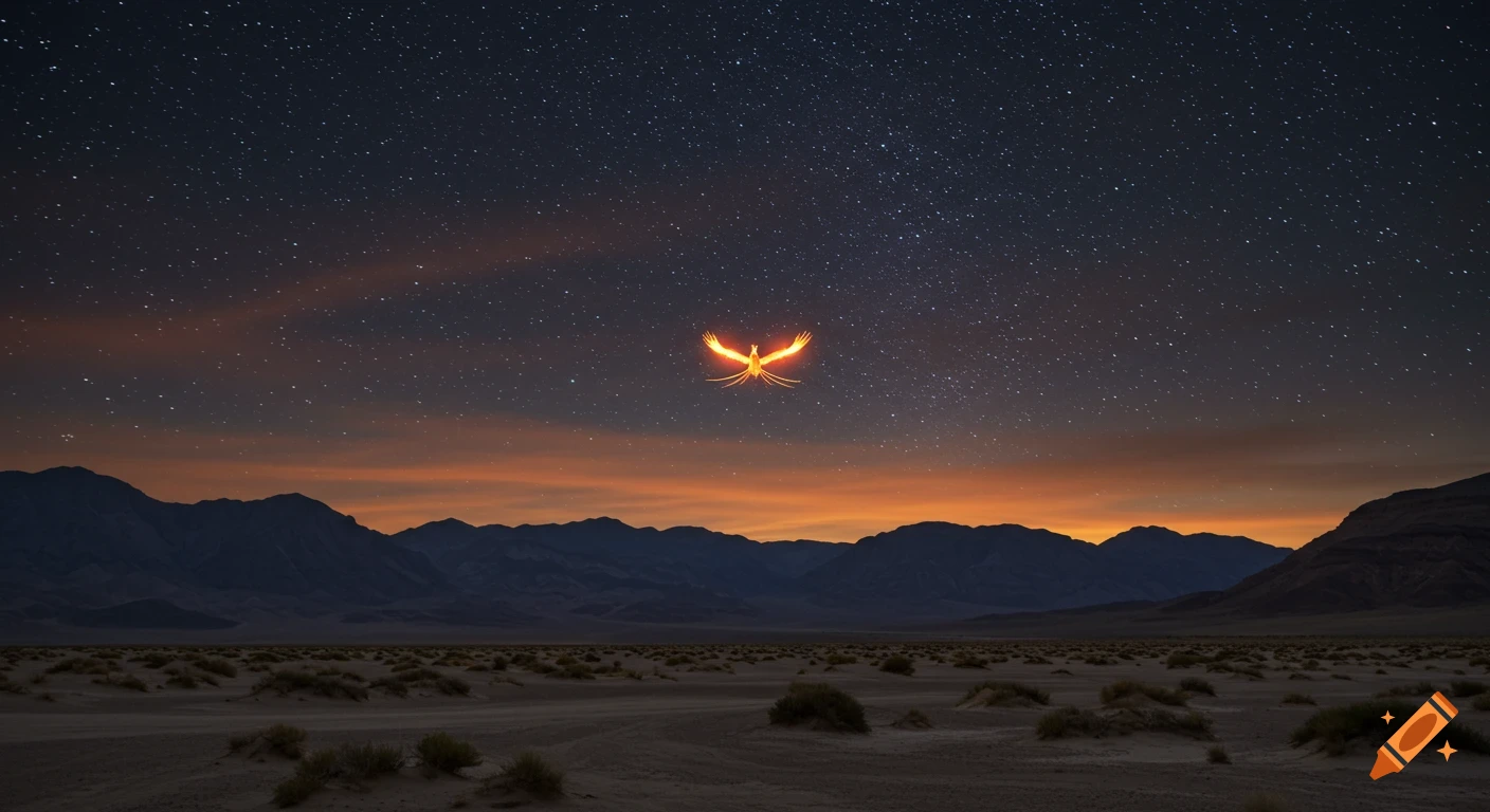 A glowing phoenix flies under a starry night sky above a dark desert ...
