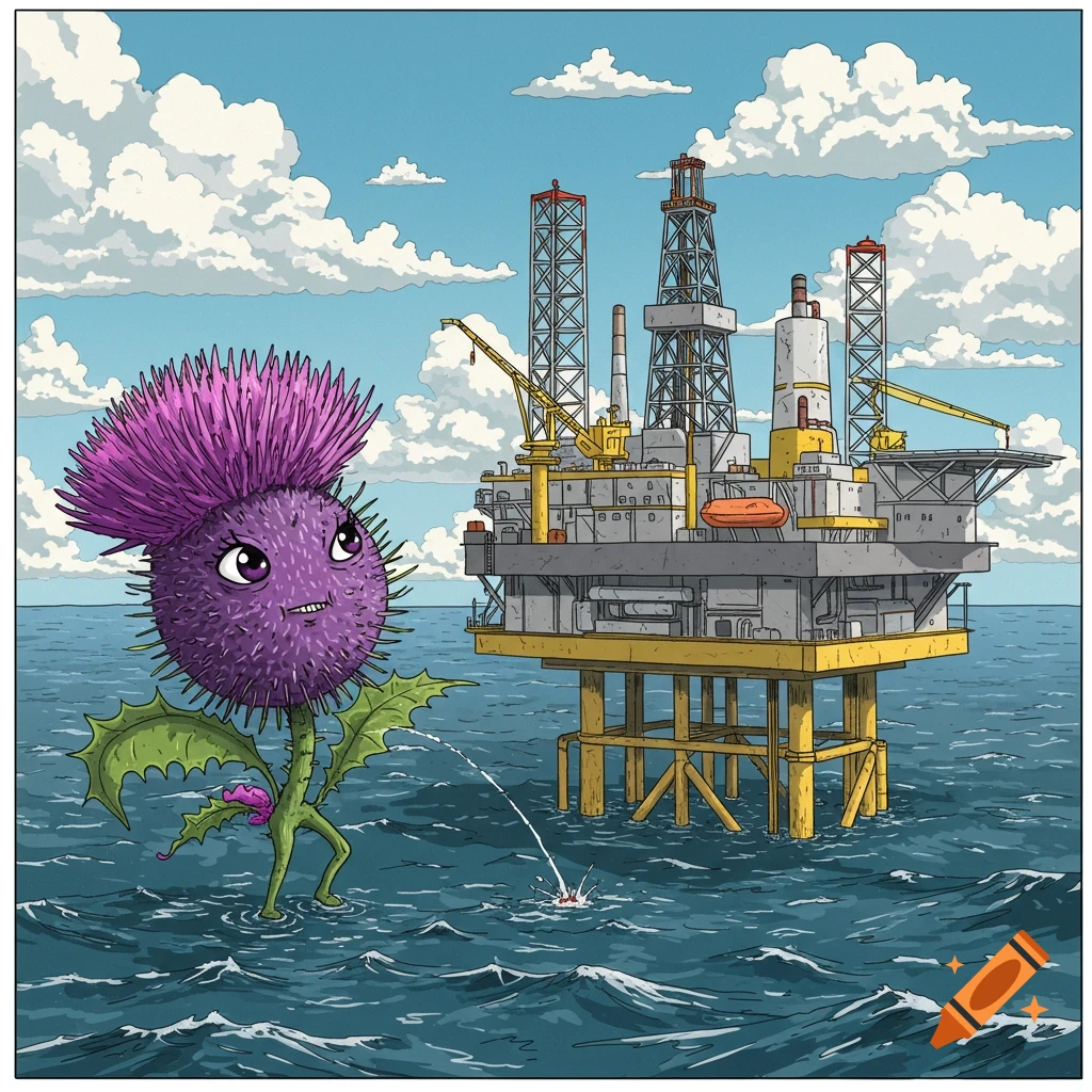 Cartoon thistle peeing on an oil rig in the ocean on Craiyon